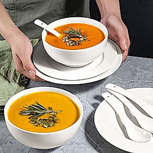 Artena Asian Soup Bowls with Spoons Set of 4, 26 oz Pasta, Ramen, Pho Bowls and Soup Spoons Set, Advanced Porcelain Elegant White Cereal Bowls for Kitchen, Dishwasher Microwave Oven Safe Bowls