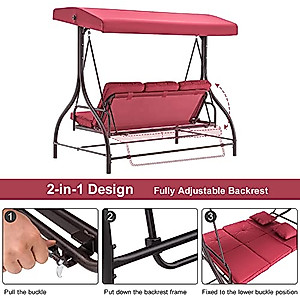 MCombo 3-Seat Outdoor Patio Swing Chair, Adjustable Backrest and Canopy, Porch Swing Glider Chair, w/Cushions and Pillows, 4068 (Burgundy)