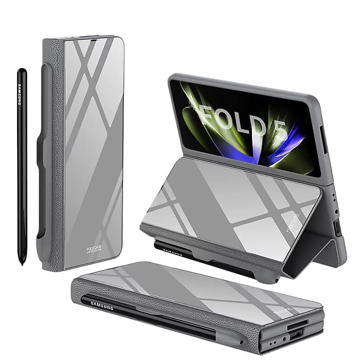 XIMAND for Samsung Galaxy Z Fold 5 5G Case with S-Pen Holder Pocket, Kickstand,Luxury Flip Plating Shockproof Glass Hybrid Leather All-Inclusive Flip Cover.(Grey)