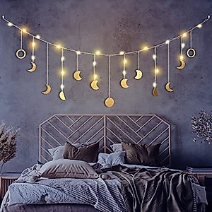 Moon Phase Wall Decor with LED String Light, 13 Gold Hammered Wood Boho Wall Hanging Decor Mood Garland 56'' - Celestial Phases Moon Decor in Bohemian Style for Bedroom Home Living Room Gift