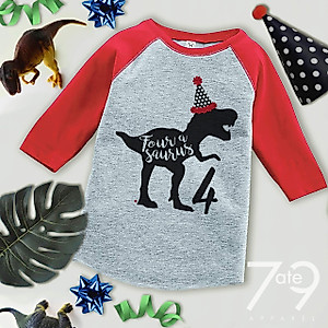 7 ate 9 Apparel Four 4 Fourth 4th Dino Birthday Dino Dinosaur Red Baseball Shirt T-Shirt 4T