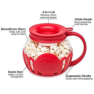 Ecolution Patented Micro-Pop Microwave Popcorn Popper with Temperature Safe Glass, 3-in-1 Lid Measures Kernels and Melts Butter, Made Without BPA, Dishwasher Safe, 1.5-Quart, Red