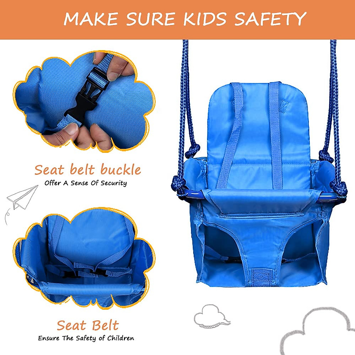 Kiriner Toddler Swing Seat for Outside 4.0 LBS Lightweight Hanging Swing Outdoor Tree Swing Seat with Seat Belt, Adjustable Ropes Swing Set Accessories Replacement Blue