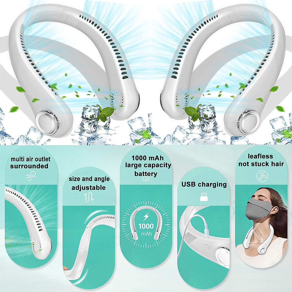 Personal Neck Fan Rechargeable Hands Free Fan - 3 Wind Speed Portable sports fan for Travel Indoor Outdoor - USB Powered Adjustment Cooling Fan for Women Men