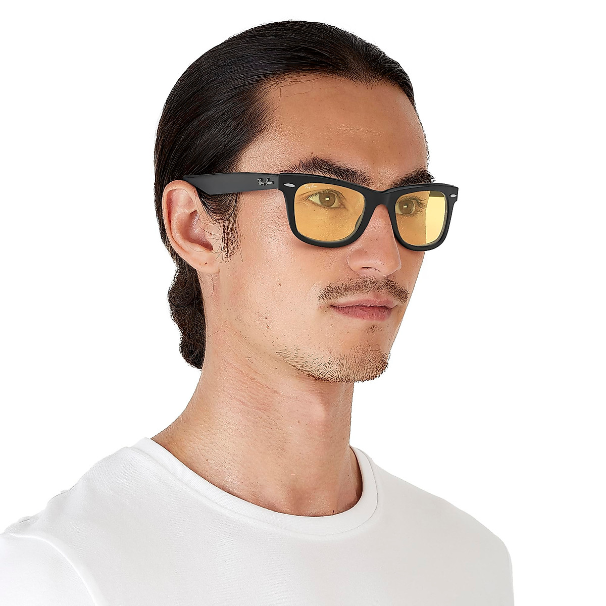 Ray-Ban RB2140F Original Wayfarer Low Bridge Fit Square Sunglasses, Black/Yellow, 52 mm