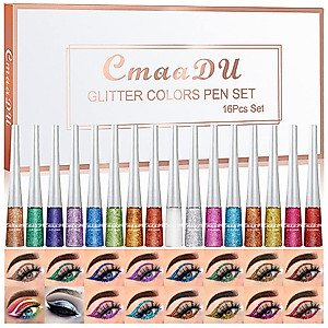 evpct 16 Color Liquid Glitter Eyeliner Sets Eyeliner Glitter Liquid Liners for Women White Silver Rose Gold Pink Liquid Sparkly Glitter Eyeliner delineador con glitter de colores para ojos colores