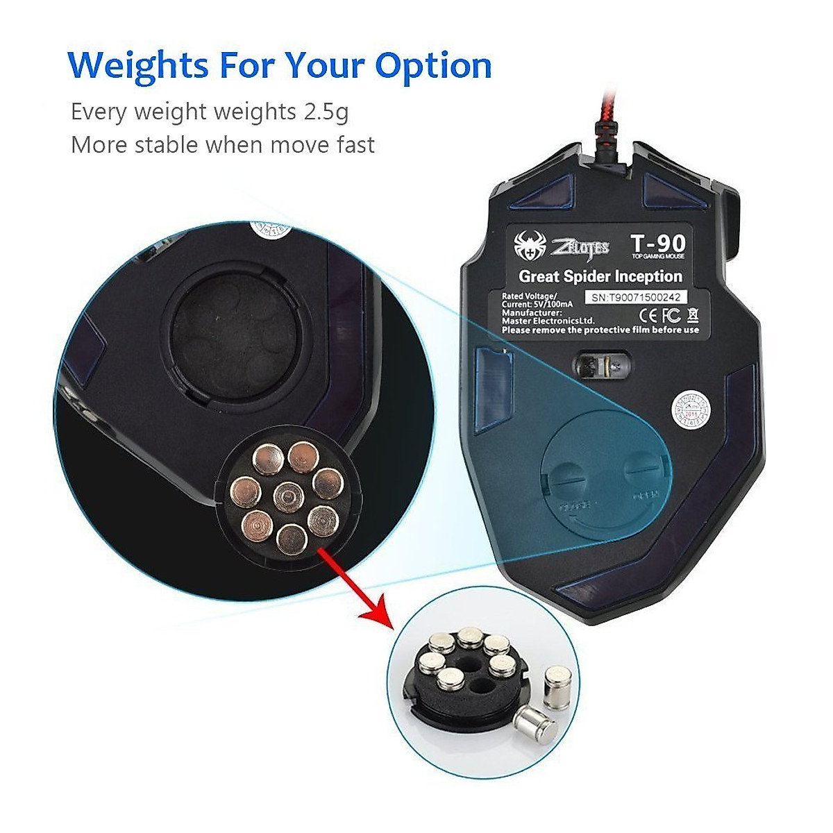 Zelotes T90 Professional 9200 DPI High Precision USB Wired Gaming Mouse,8 Buttons,With 7 kinds modes of LED Colorful Breathing Light, Weight Tuning Set (Black)