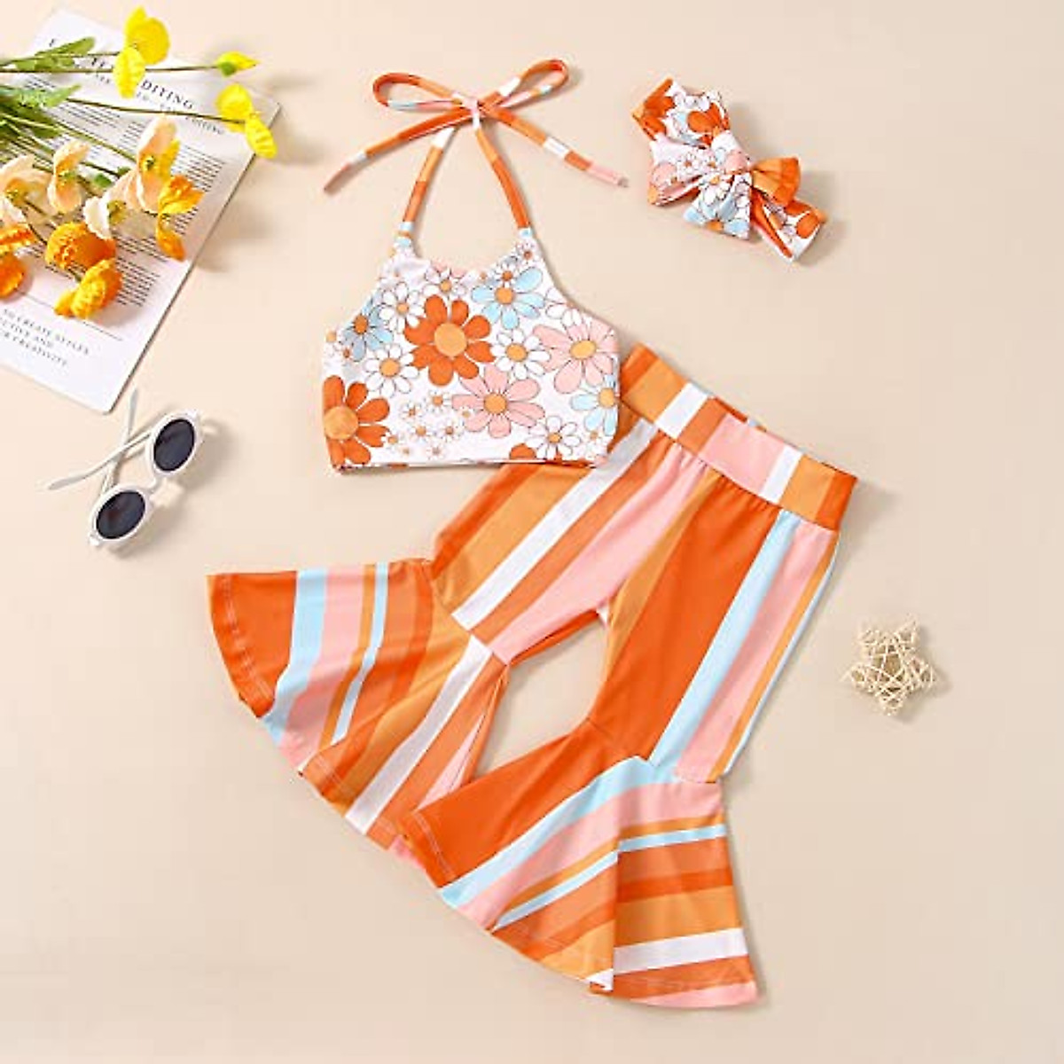 Baby Girl Summer Clothes Cute Bell Bottoms Outfits Sleeveless Halter Backless Crop Tank Tops Flare Pants Set (A-Colorful, 18-24 Months)