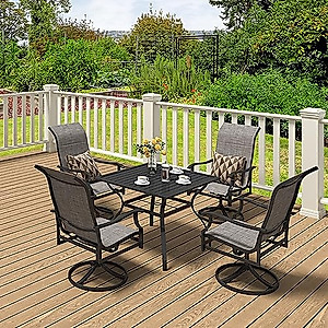 VEVOR 5 Pieces Patio Dining Set, Outdoor Furniture Table and Swivel Chairs Set, All Weather Garden Furniture Table Sets, Iron Patio Conversation Set with Umbrella Hole, For Lawn, Deck, Backyard, Black