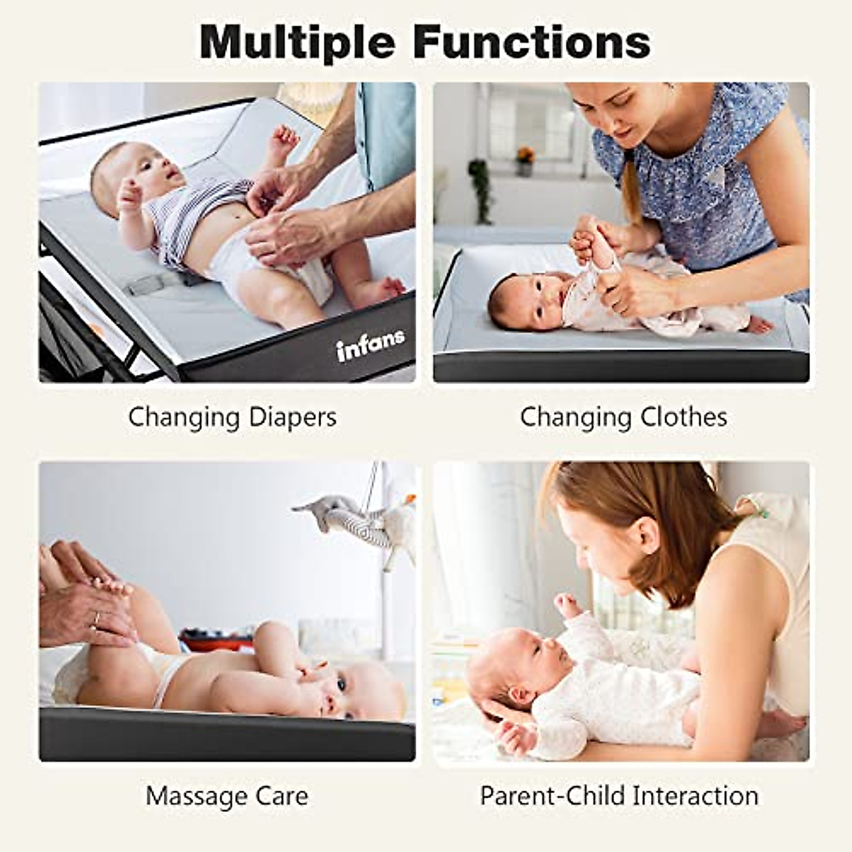 INFANS Baby Changing Table, Folding Diaper Station Portable Nursery Organizer with Safety Belt and Large Storage Racks for Newborn Baby and Infant (Black)