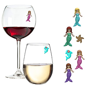 Simply Charmed Mermaid Magnetic Wine Charms and Glass Markers Set of 6 - Great Mermaid Gift for Women