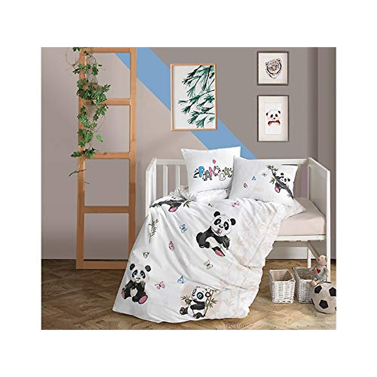 paradise RANFORCE 100% Cotton Baby Bedding Cute Panda Themed Nursery Baby Bed Set, Toddlers Crib Bedding for Baby Girls Boys, Duvet Cover Set with Comforter, 5 Pieces