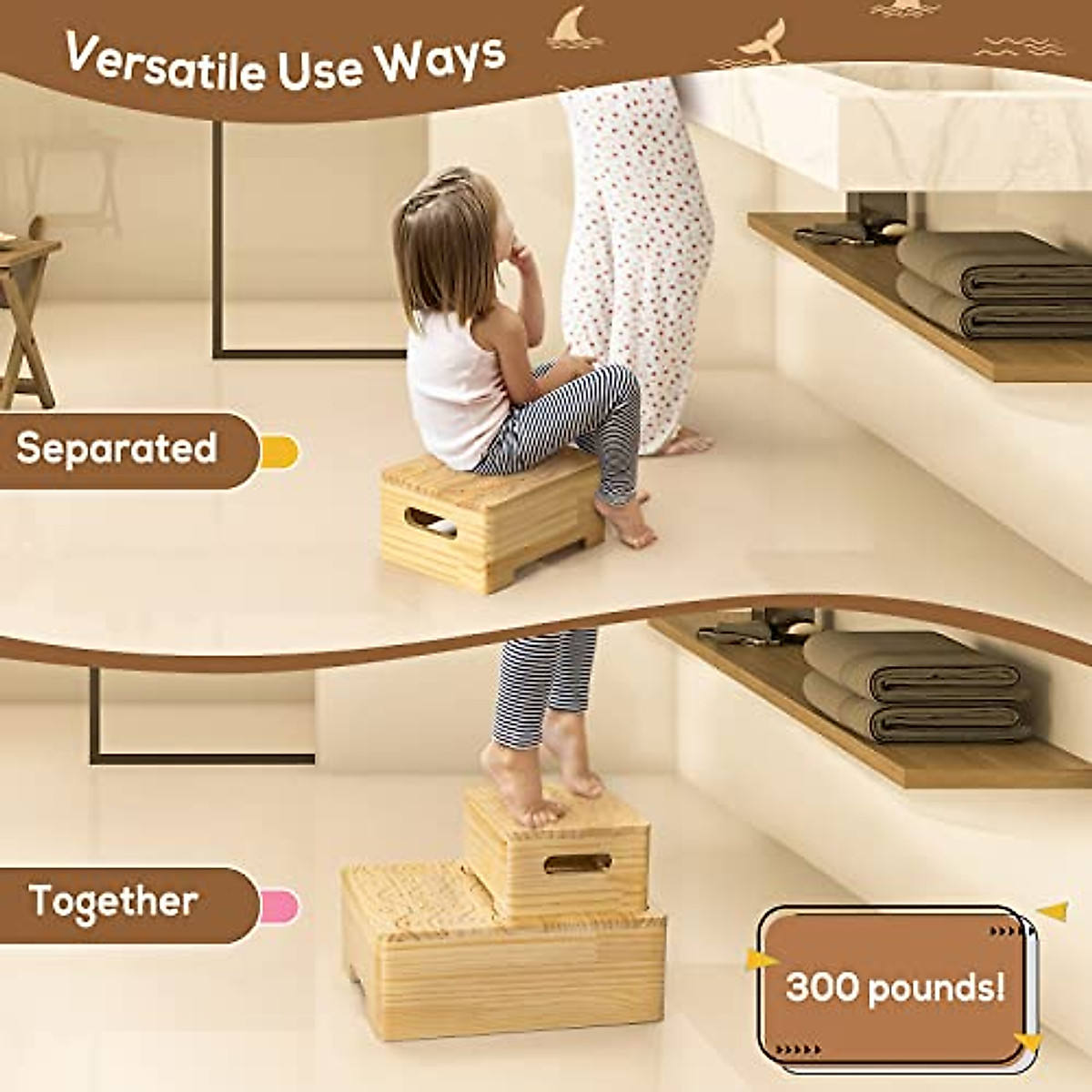 VITEVER Toddler Step Stool, Wooden Two Step Stool for Kids, Stackable and Non Slip Base Kids Step Stool for Bathroom, Potty Training, Kitchen, Bedroom