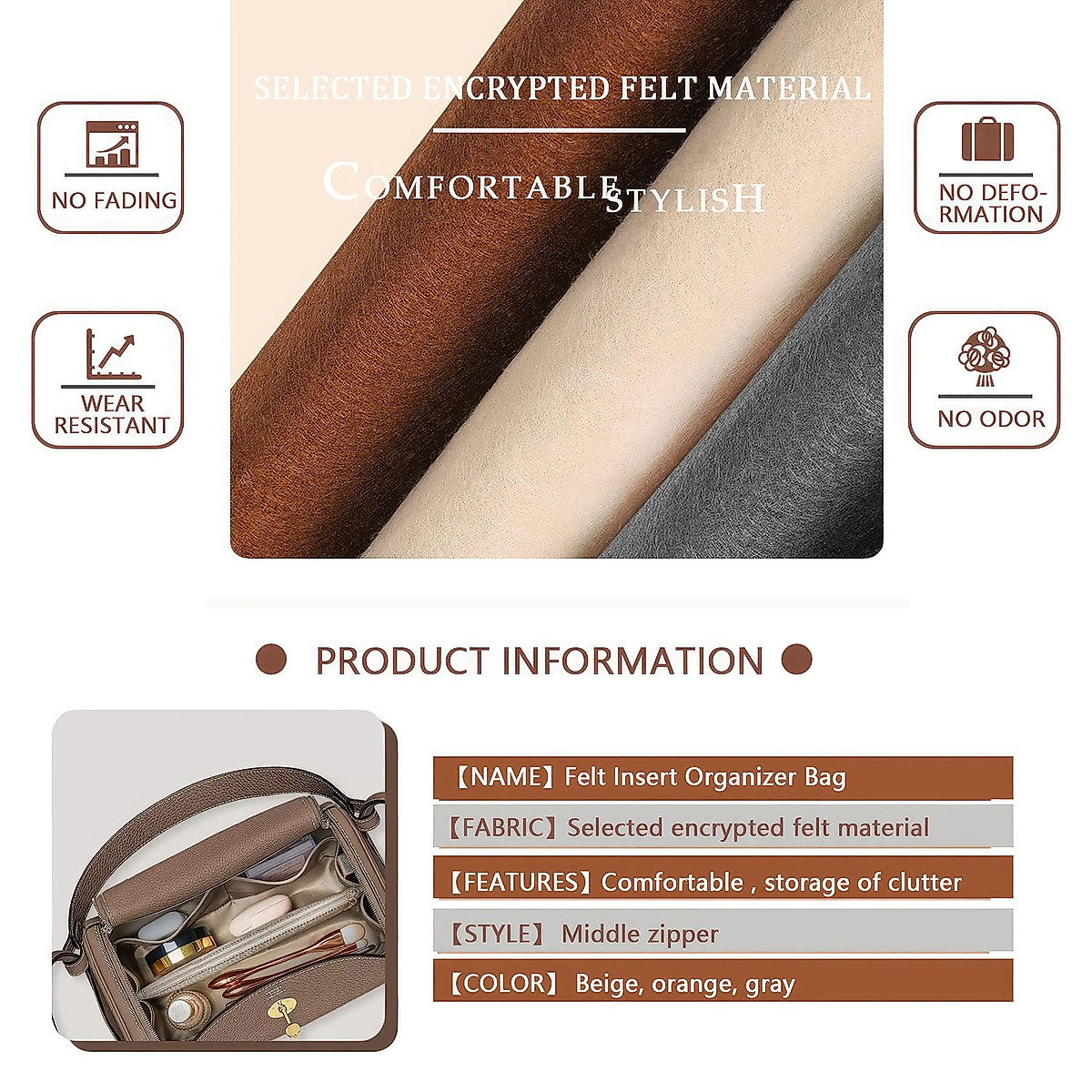 KOPPAL Purse Organizer Insert For Birkin 25 Bag, Felt Insert Organizer With Zipper, Large Capacity,Women’s Handbags Shaper (25,Beige)