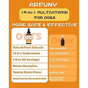 15 in 1 Multivitamin for Dogs | 60ML Dog Multivitamin Liquid Support Joint, Gut & Immune Health | Dog Liquid Vitamins for Digestion, Heart, Skin & Coat | Vitamin Supplements for Dogs | Bacon Flavor