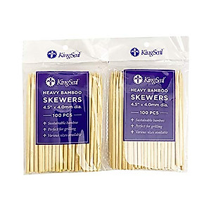 KingSeal Renewable Bamboo Heavy Duty Skewers, Sticks, 4.5 Inches x 3.8 mm Diameter, Retail Pack - 2 Bags of 100 Skewers (200 Count)