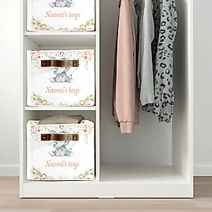 Joyestore Pink Flower Elephant Personalized Storage Bins ,Baskets Cubes Organizer with Handle for Shelves Closet Nursery Toy 2 Packs