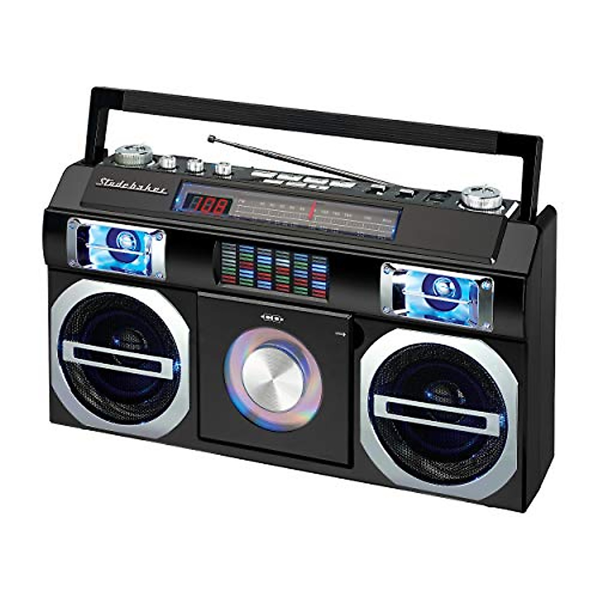 Studebaker SB2149B Master Blaster Bluetooth Boombox with 3 Way Power, AM/FM Radio, USB Port, CD Player with MP3 Playback, LED EQ and 10 Watts RMS Speaker in Black