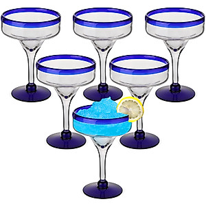 Margarita Glasses Set of 6 Hand Blown Glasses with Cobalt Blue Rim 14 oz Margarita Glasses for Cocktail Champagne Martini Glasses, Dishwasher Safe