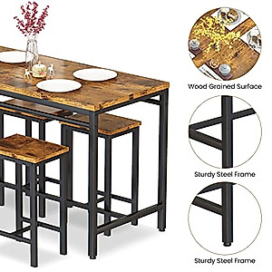 Lamerge Dining Bar Table Set for 4, Modern Counter Height Table and 4 Bar Stools, 5 Piece Bar Table and Chairs Set for Small Spaces, Apartment, Pub, Dining Room, Kitchen (Rustic Brown)