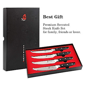TUO Serrated Steak Knife - 5 inch Professional Kitchen Steak Knife Set 4 - Table Dinner Knife - German HC Stainless Steel Non Slip Pakkawood Handle - BLACK HAWK SERIES Including Gift Box