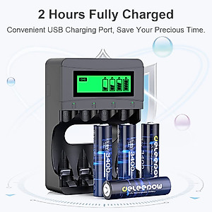 Deleepow Rechargeable AA Batteries with Charger, 3400mWh 1.5V, 2H Fast Charge Long Lasting for Household, Cordless Phones, Remote Controls, Electronics, 4 Packs