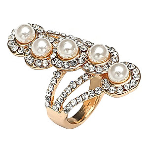 Boho Layered CZ Pearl Statement Ring for Women Cubic Zirconia Imitation Pearls Golden Finger Rings Comfort Fit Dainty Birthday Wedding Anniversary Mother's Day Jewelry Gift Size 8