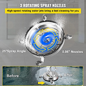 VEVOR 24" Surface Cleaner, 4000PSI Max. Pressure Flat Surface Cleaner, Stainless Steel Rotating Surface Cleaner, Pressure Washer Surface Cleaner w/ 3 Nozzles, Fit for 3/8" Quick Connector, for Patio