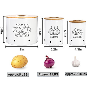WUWEOT 3 Pack Vegetable Storage Tins, Round Metal Potato Onion Garlic Storage Bins, Farmhouse White Kitchen Canisters Vegetable Fresh Keeper Set with Bamboo Lids and Aerating Holes