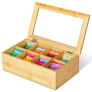 RoyalHouse Big Natural Bamboo Tea Storage Organizer with Clear Acrylic Top Window, 8 Compartments Eco-Friendly Tea Bag Holder, Multi-Functional Storage Box