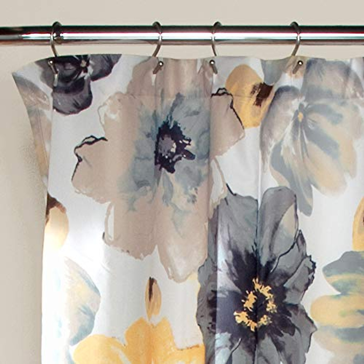 Lush Decor Leah Shower Curtain-Bathroom Flower Floral Large Blooms Fabric Print Design, 72" x 72", Yellow and Gray