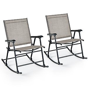 Tangkula Folding Rocking Chair Set of 2, Patio Rockers with Breathable Seat Fabric & Sturdy Metal Frame, Smooth Rocking Motion, Heavy-Duty Outdoor Rocker for Backyard, Front Porch, Poolside