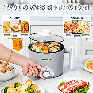 YOOLYQI Electric Hot Pot:1.5 L Ramen Cooker, Dual Power Mini Portable Multi-Functional Lazy Pot for Pasta, Noodles, Egg, Soup, Non-Stick Noodle Cooker with Boil Dry Protection for Dorm, Office (Grey)