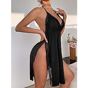 WDIRARA Women's Lace Trim Halter Tie Backless Nightgown Chemise Split Night Dress Black M