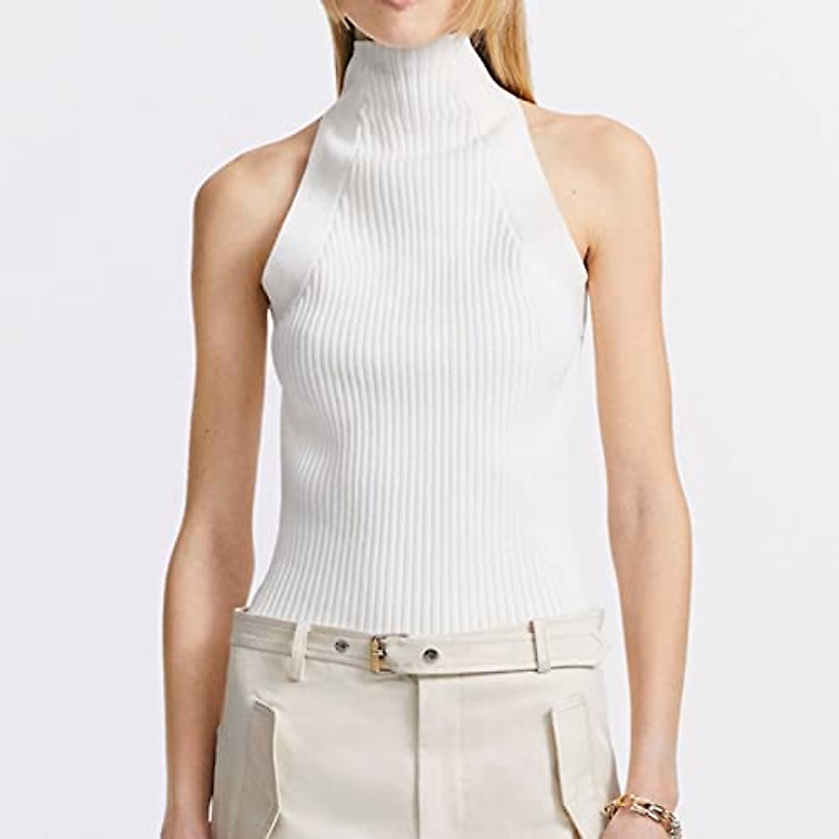 SAFRISIOR Women Sexy Hollow Out Twist Front Knitted Tank Tops Sleeveless High Neck Cut Out Sweater Vest White