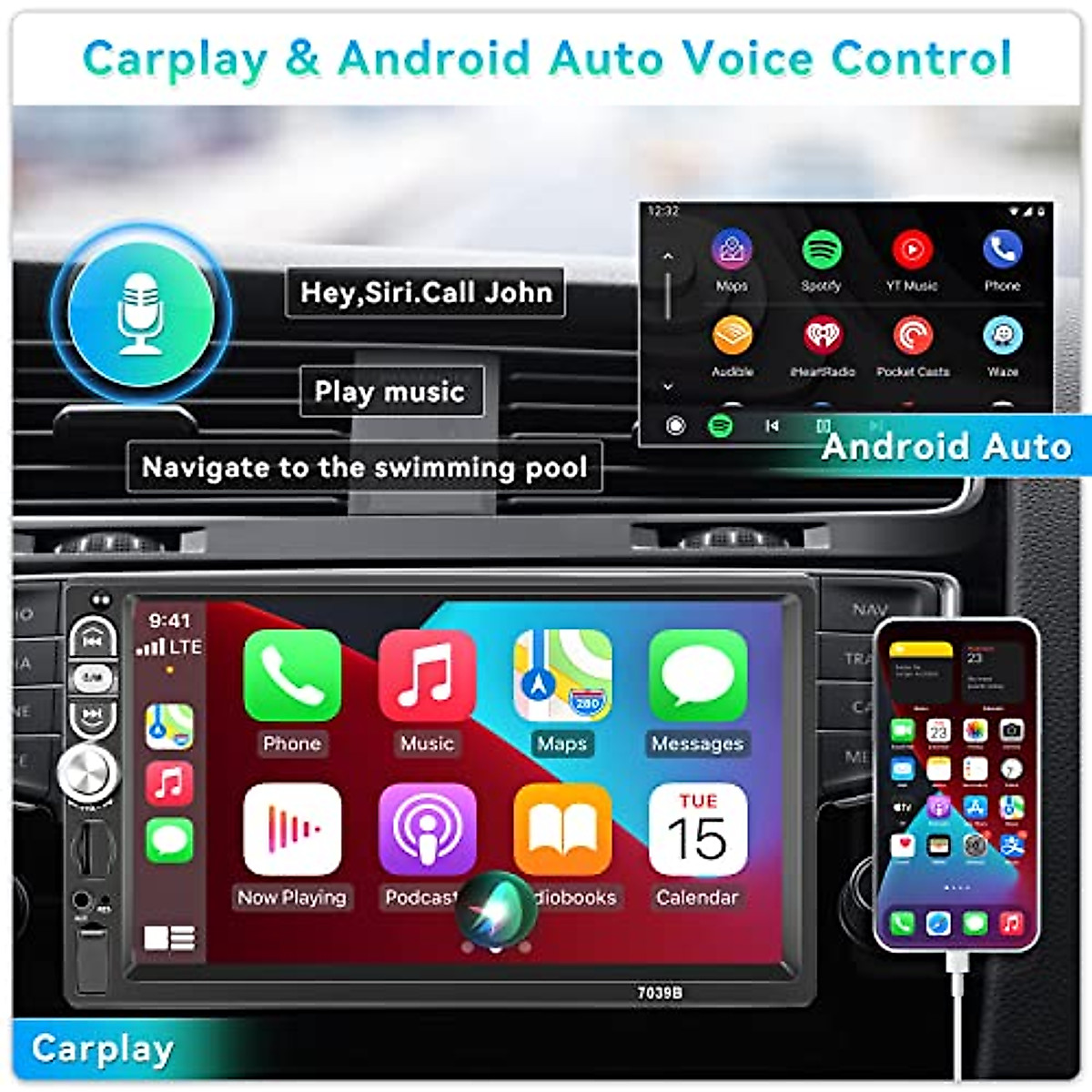 Single Din Apple Carplay Car Stereo Android Auto, 7”Touch Screen Car Radio with Bluetooth FM Radio iOS/Android Mirror Link TF/USB/AUX Input 1 Din Head Unit Receiver+ Backup Camera + Mic
