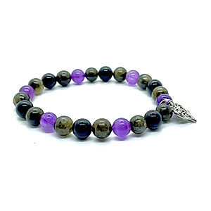 DCE Triple Stone OPTIMUM PROTECTION Gemstonets - Evil Eye for Protection - Labradorite - Amethyst - Black Tourmaline Beaded Healing Crystal Elastict with Heart Charm By DAZZLING CRYSTA