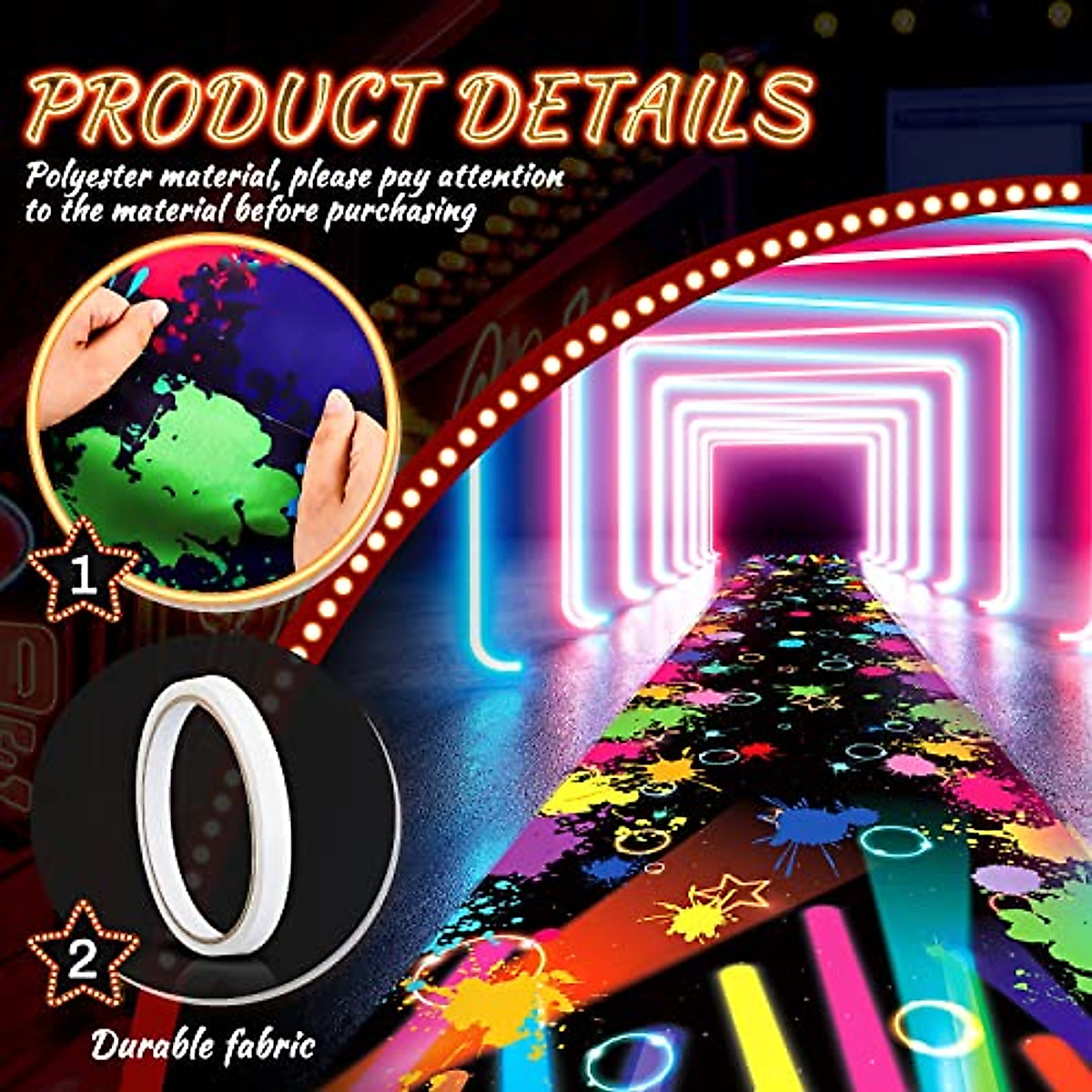 Neon Carpet Runner Neon Party Decorations Glow in The Dark Carpet Runner 80s Carpet Rug Neon Aisle Runner Light up Dance Floor Fluorescent Neon Birthday Wedding Christmas Party Supplies Favors,10 ft