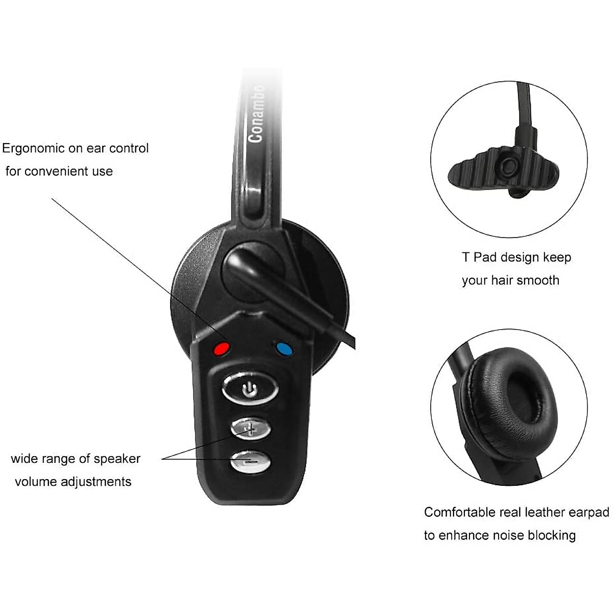 Conambo Trucker Bluetooth Headset, V5.0 Wireless Headset with Microphone, Hands Free Bluetooth Headphones with Noise Canceling Mic for Skype, Call Centers, Offices, Trucker (JBT800)