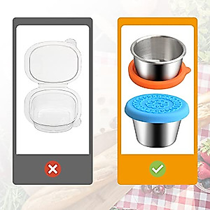 IWITHYOU 6pcs Salad Dressing Container, 3x1.6oz and 3x2.5oz Reusable Stainless Steel Cups with Silicone Lids, Bento Box Condiment Containers for Lunches Kids,Food Storage,Coffee Bean,Picnic,Travel