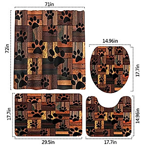 SDDSER Dog Paw Print Shower Curtain Set, 4PCS Rustic Old Barn Wood Bathroom Sets with Shower Curtain and Bath Mat, Toilet Lid Cover and U Shaped Rugs, 71" x 72" Bathtub Curtain with Hooks, SETLSSD93