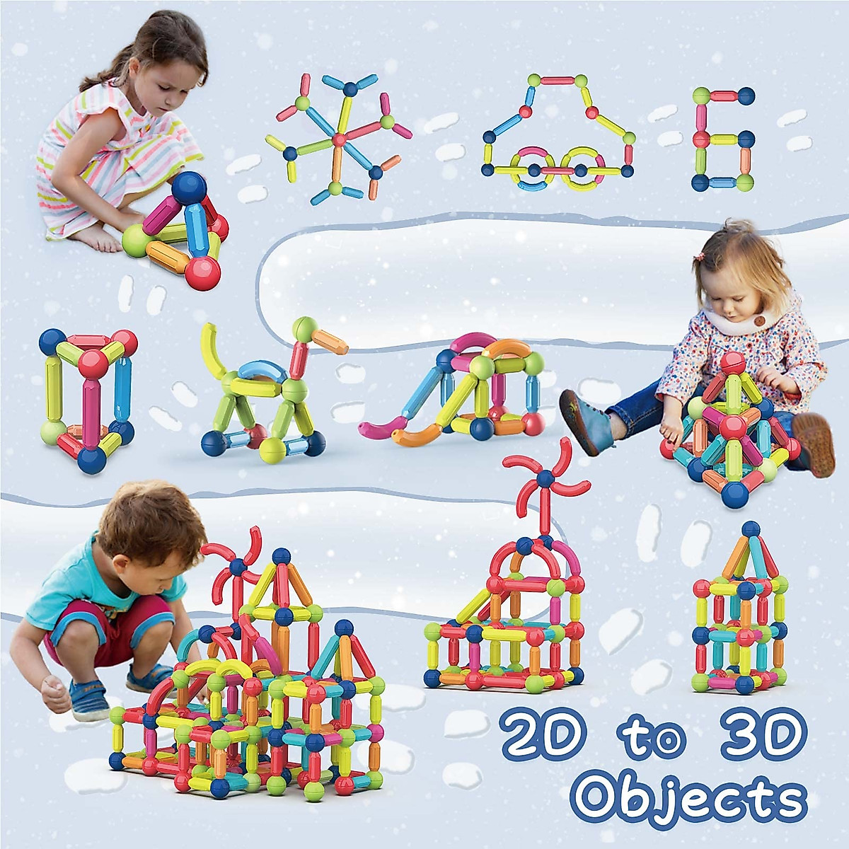 Wotalk Magnetic Balls and Rods Set, 66PCS Magnet Blocks Sticks, Educational Construction Buildingfor Toddlers, STEM Magnet Toys Gifts for Kids Age 3+