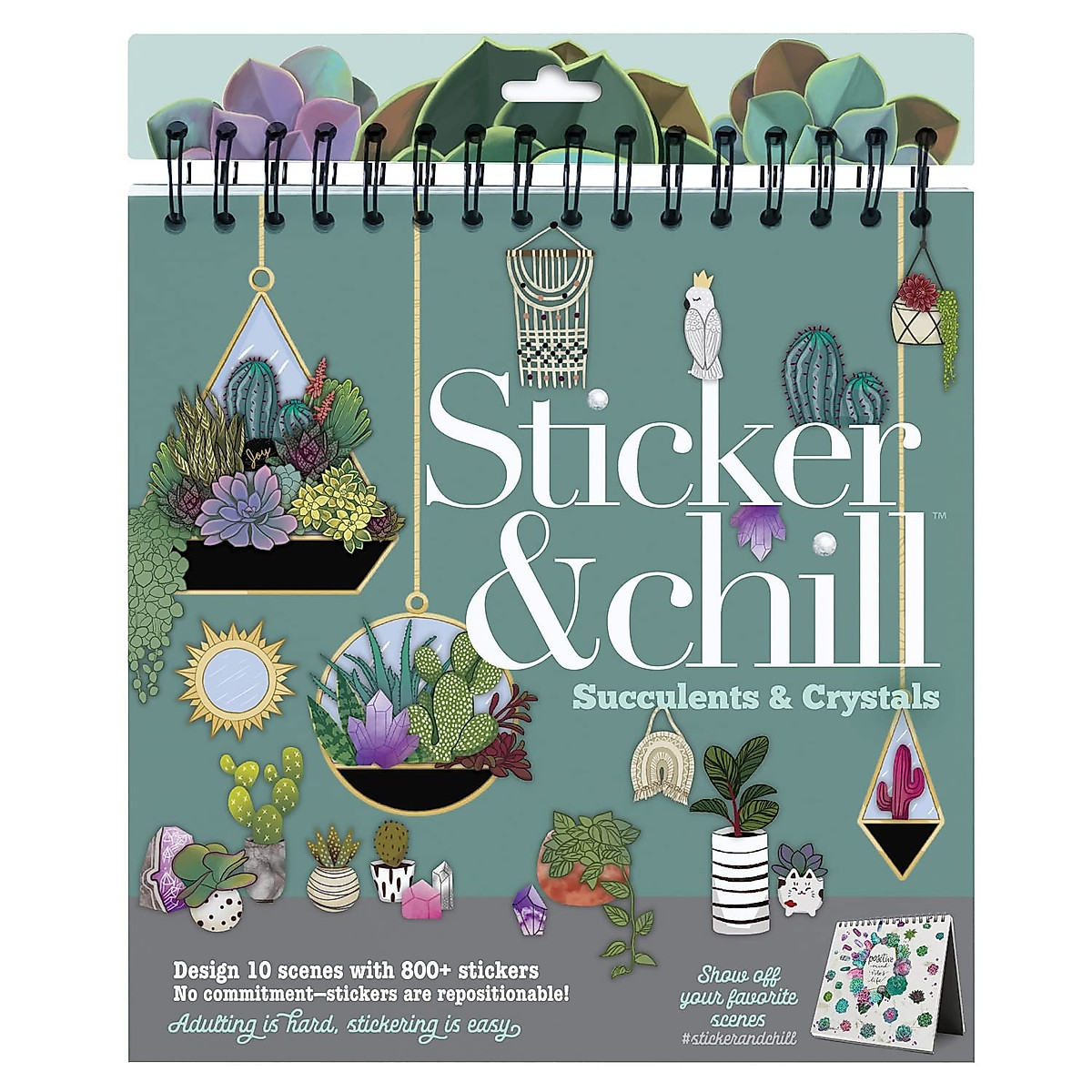 Sticker & Chill Sticker Book for Adults – 800+ Repositionable Clings Create Designs on 10 Spiral Bound Scene Pages – Easy, Fun & Stress Relieving Relaxation Activity – Succulents & Crystals Series