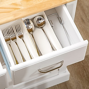HOMCOM Kitchen Island with Storage Cabinet and 2-Level Rubber Wood Tabletop, Island Table with Adjustable Shelves and Drawers, White