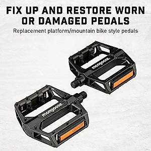 Mongoose Adult Mountain Bike Pedals, 1/2" and 9/16" Adapters, Durable Alloy Bicycle Platform Pedal, Refective Strips, MTB Bike Accessories, Black