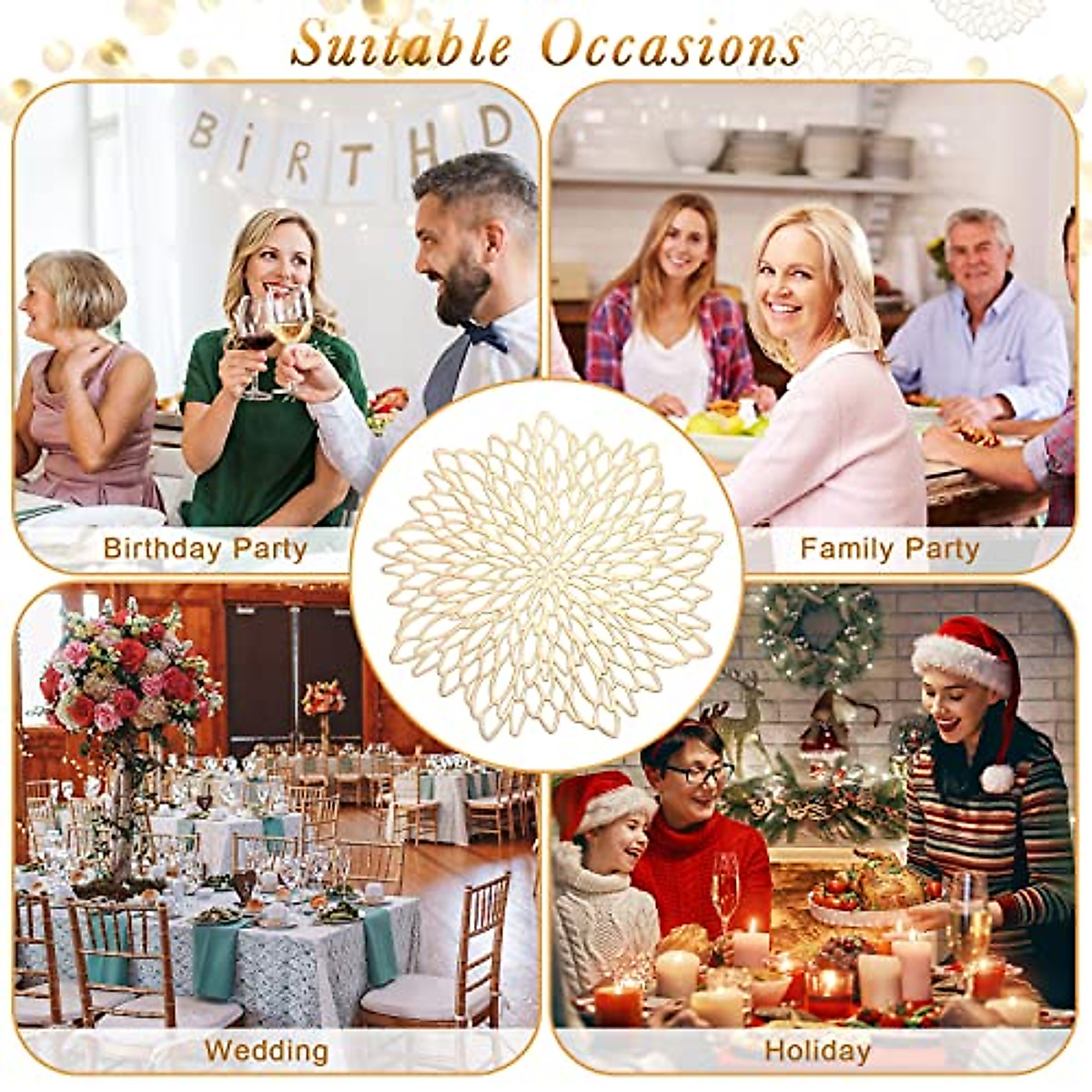 CHENGU 24 Pcs Round Pressed Vinyl Placemats Metallic Place Mat Coaster Set Including Placemats and Coasters Non Slip Heat Resistant Washable Table Mats for Dining Table Kitchen Decoration (Gold)