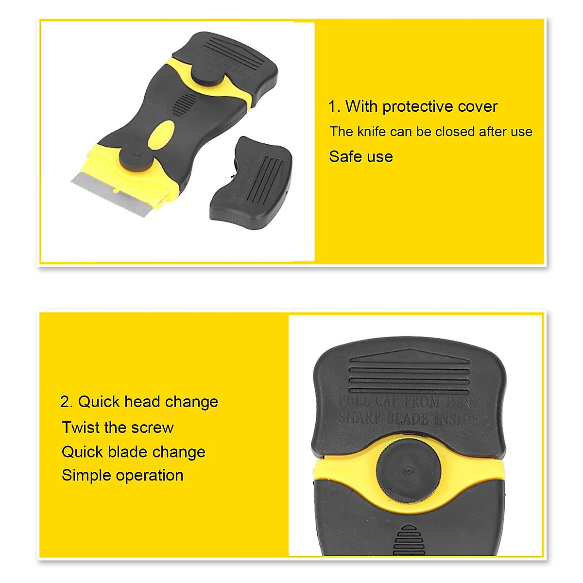Razor Blade Scraper 2Pcs Multi Purpose Cleaning Razor Scraper 2 in 1 Razor Scraper Tool Glass Scraper for Windows Decals Tint(Black+Yellow)