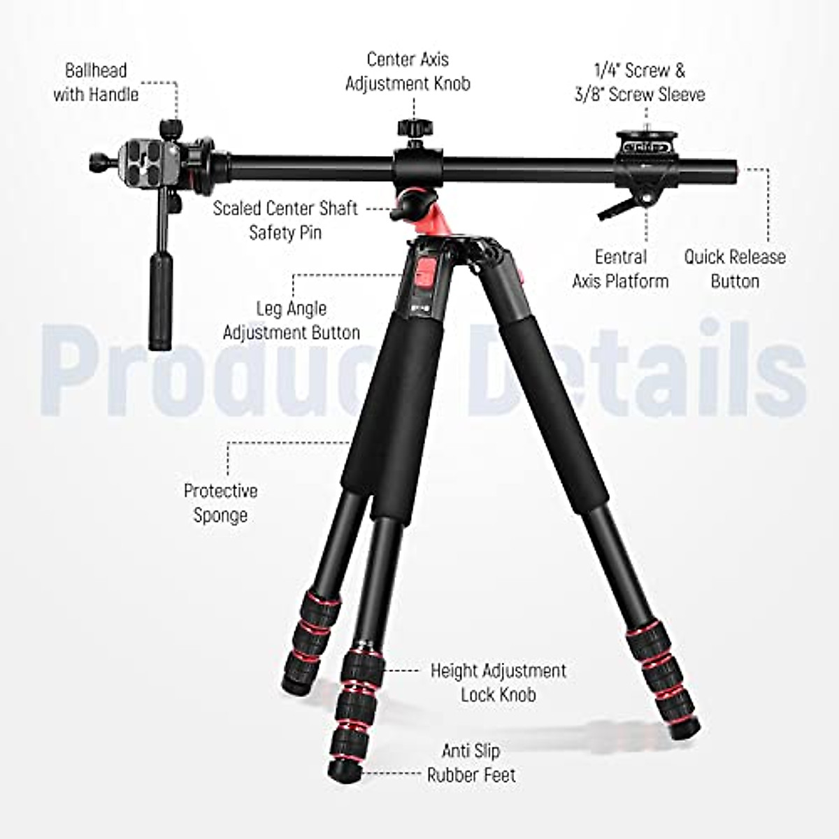 NEEWER 73.6" Horizontal Tripod with Multi Angle Center Column, Ball Head & Central Axis Platform, Heavy Duty Aluminum Camera Tripod Monopod 360° Pan 180° Tilt for Overhead/Macro Shots, Max Load 22lb
