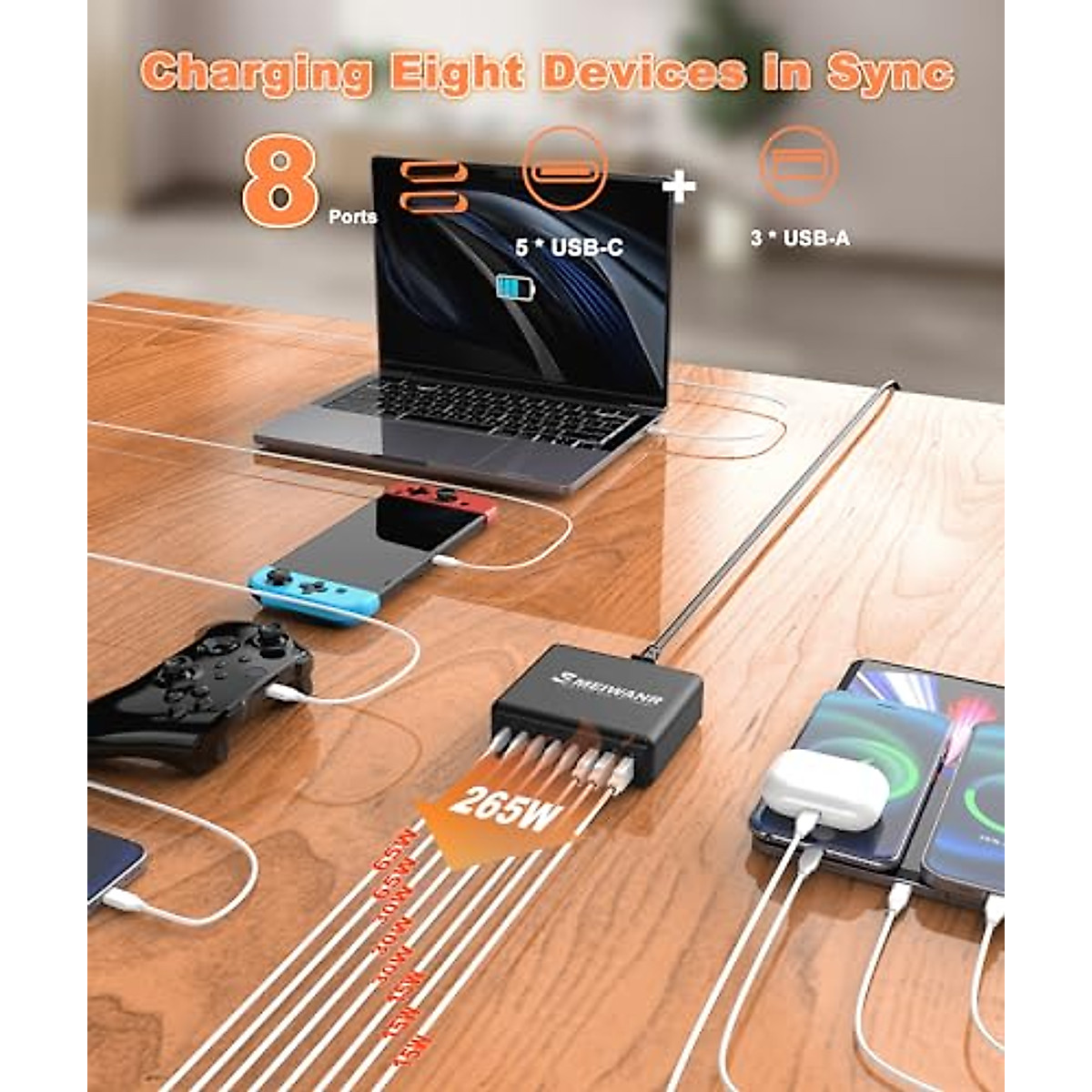 265W USB C Charger, USB C Fast Charger, 8-Port Desktop USB C Charging Station for Travel Home Office, Compatible with MacBook Pro/Air iPad iPhone 15/14/13/Pro Max/12 Sumsung(100W 1.5m Charger Cable)