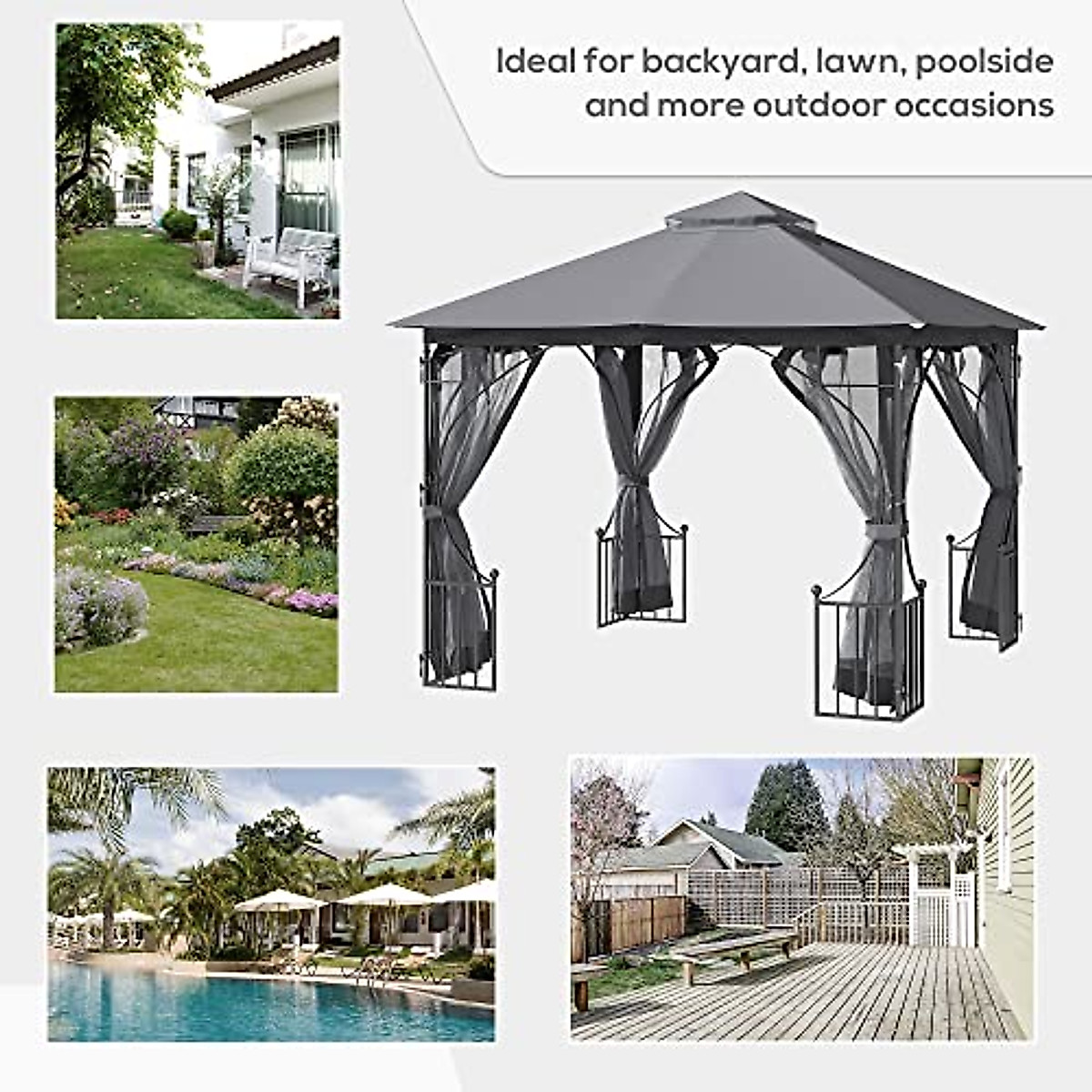 Outsunny 10' x 10' Patio Gazebo, Double Roof Outdoor Gazebo Canopy Shelter with Netting, Steel Corner Frame for Garden, Lawn, Backyard and Deck, Dark Gray